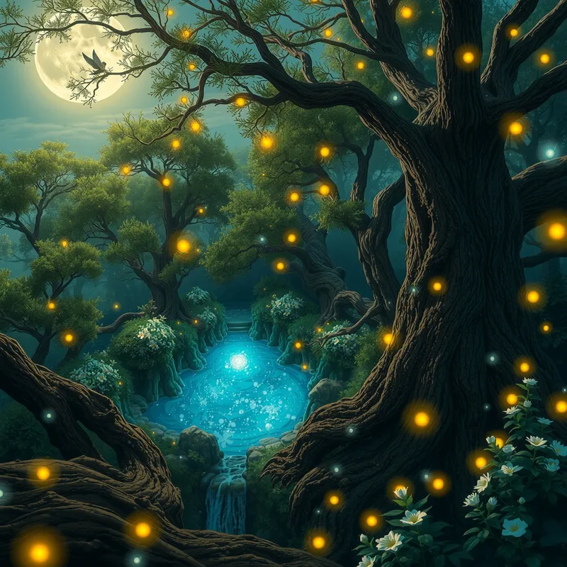 InspirePix | Studio ghibli forest fireflies night moon aerial runes ...