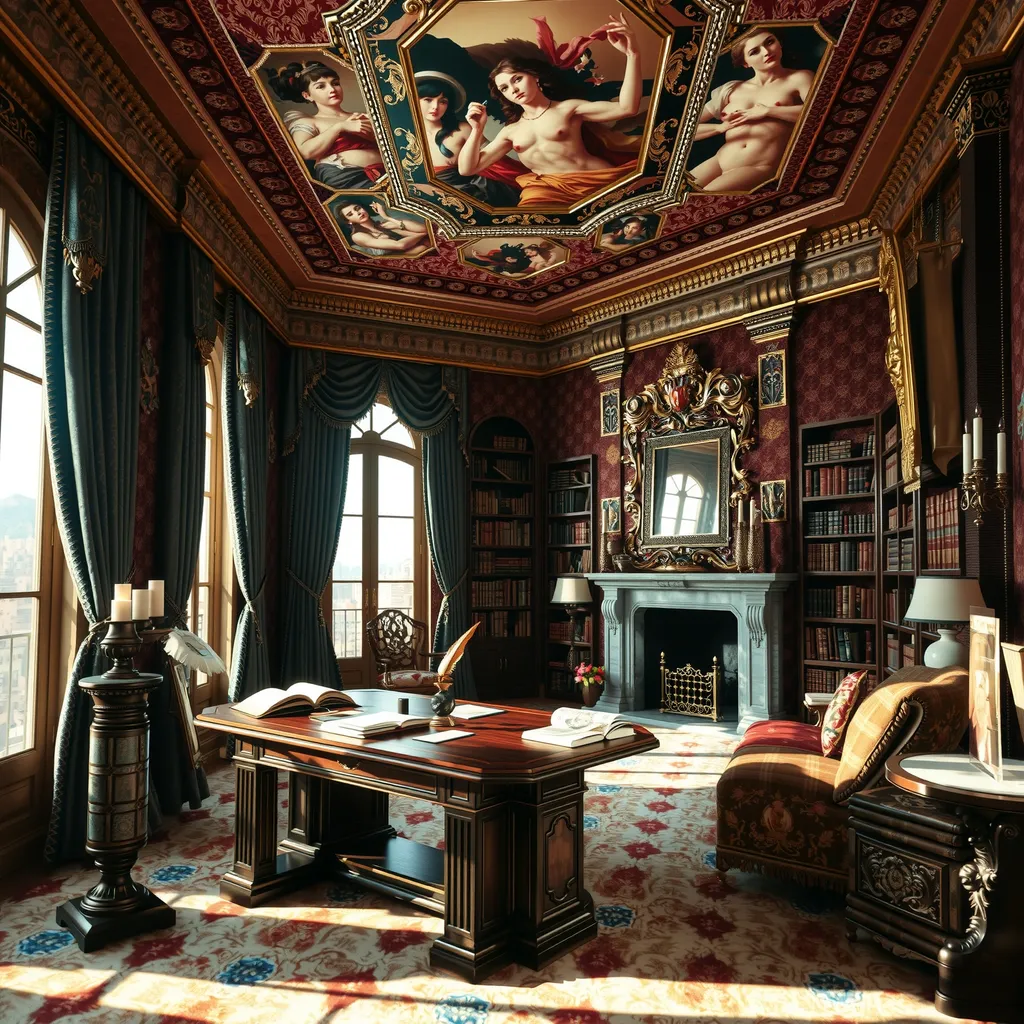 InspirePix | Baroque study ornate desk manuscripts fireplace ...
