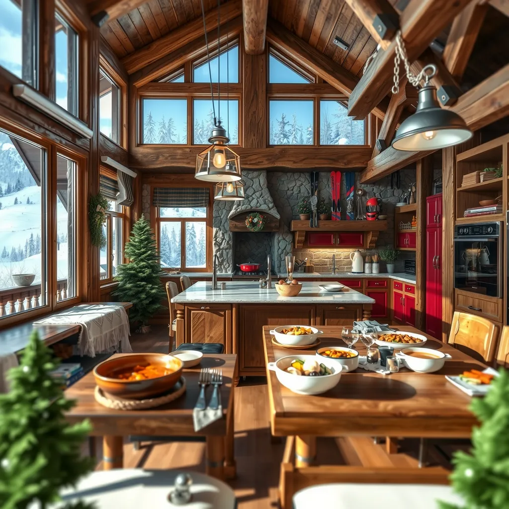InspirePix | Ski chalet kitchen wood beams stone fireplace snowy view ...