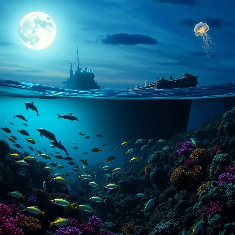 InspirePix | Moonlit coral reef dusk iridescent fish predators dolphins ...