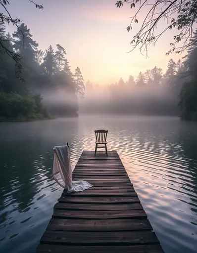 InspirePix | Delicate forest dawn wooden dock serene lake chair reflections