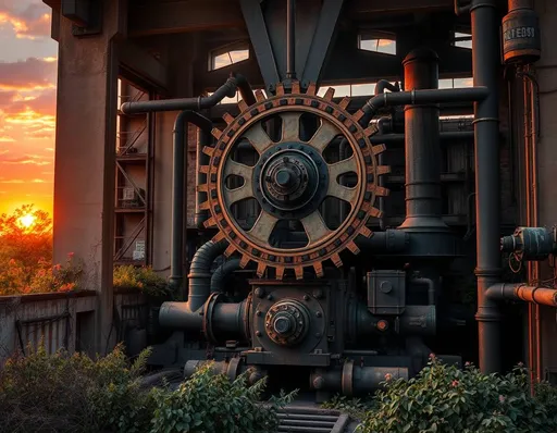 InspirePix | Gritty factory sunset massive steam engine ruins cogwheel glow
