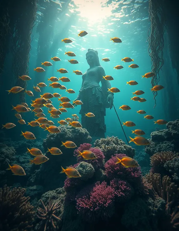 InspirePix | Rainbow fish statue underwater sunlight cityscape