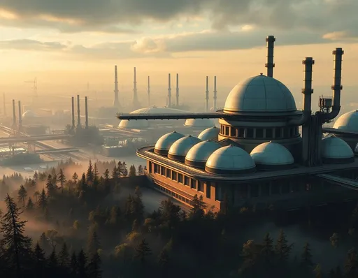 InspirePix | Massive factory facility misty forest roof glowing domes ...