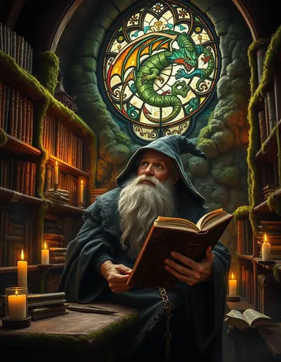 InspirePix | Medieval wizard ancient library dusty tomes dragon stained ...