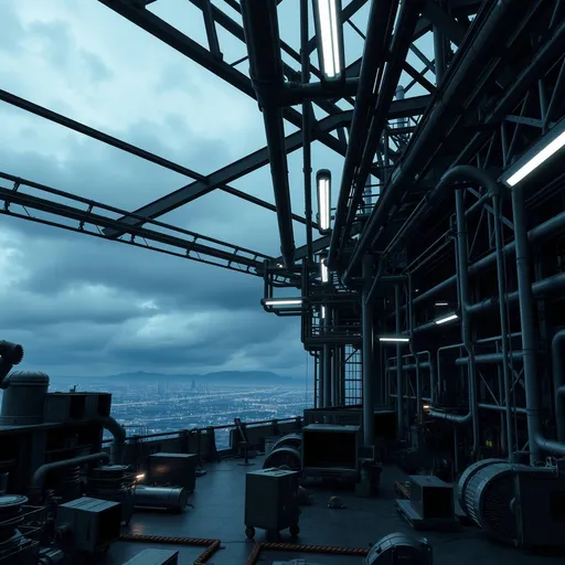 InspirePix | Futuristic factory steel beams fluorescent lighting