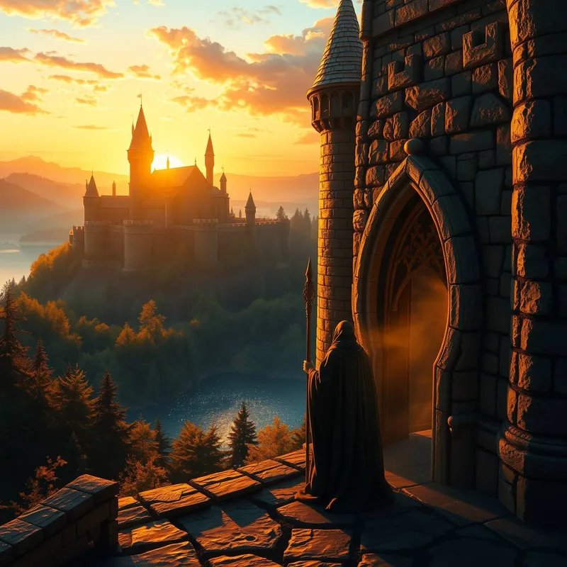 InspirePix | Medieval castle sunset golden wizard lake forest mystical ...