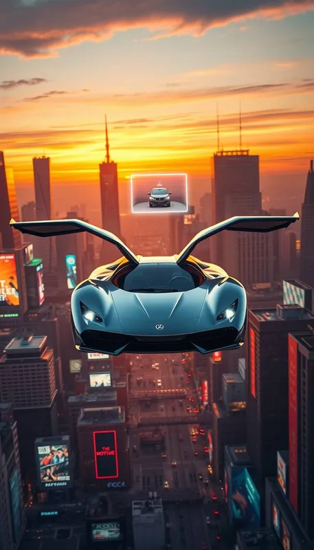 InspirePix | Sleek silver flying car gull doors hovering metropolis ...