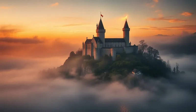 InspirePix | Medieval castle lake tower sunset mist golden torch