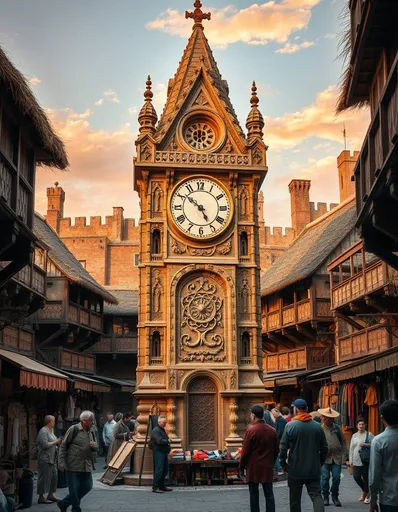 InspirePix | Medieval clock tower bustling market square sunset