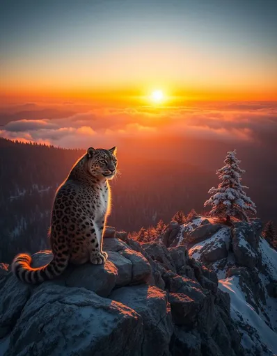 InspirePix | Snow leopard mountain sunset forest mist rocky landscape