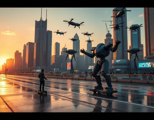 InspirePix | Future skyscrapers sunset hoverboard mech dance robots drones