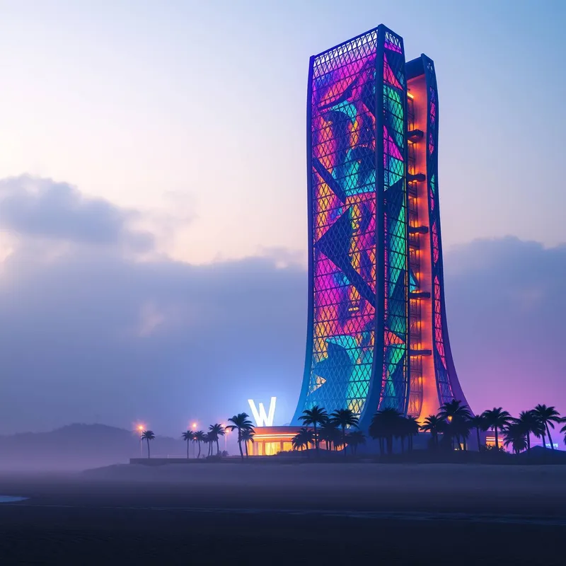 InspirePix | Iridescent futuristic skyscraper oceanfront dusk misty ...
