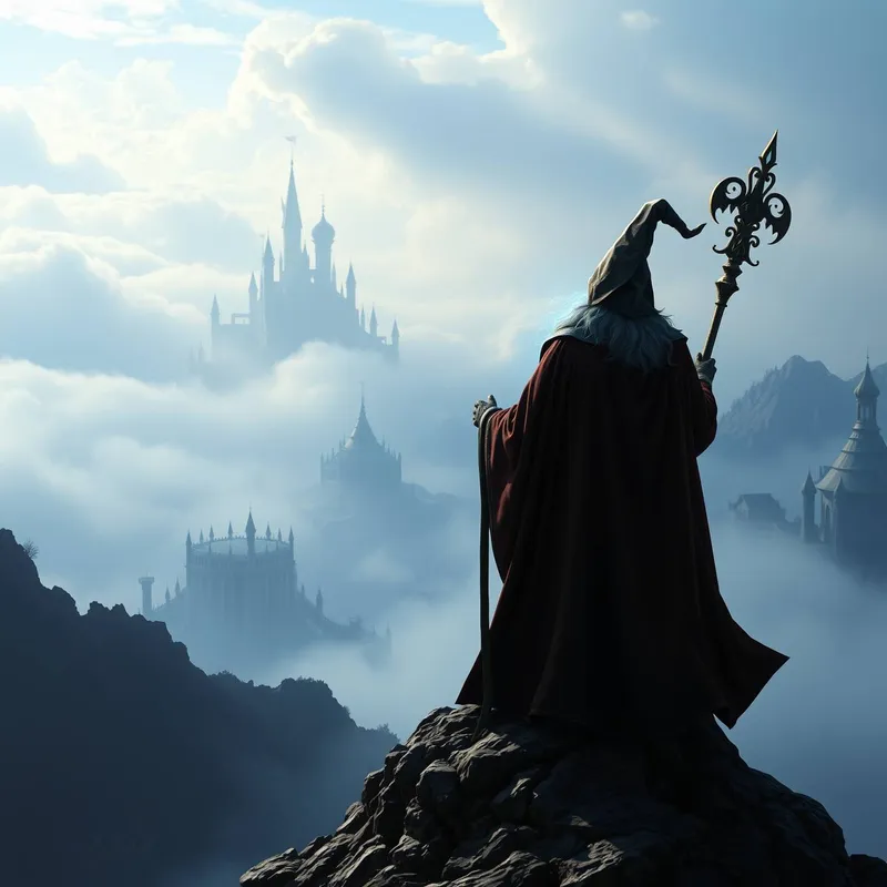 InspirePix | Medieval wizard mountain peak fog shrouded city legendary ...
