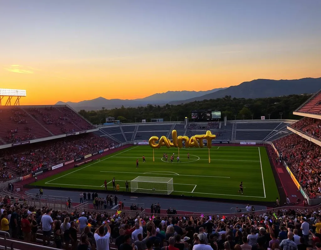 InspirePix | Sunset stadium soccer field glowsticks mountain range