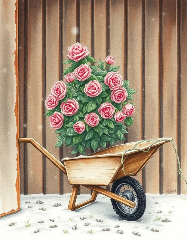 InspirePix | Forgotten rose bush snowflakes shed wheelbarrow