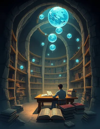 InspirePix | Mystical labyrinth library glowing orbs ancient tomes