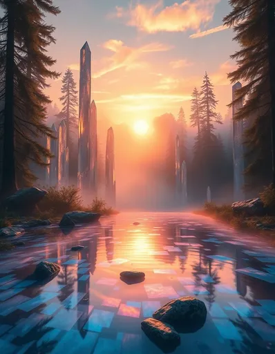 InspirePix | Ethereal forest sunset crystal spires iridescent pool ...