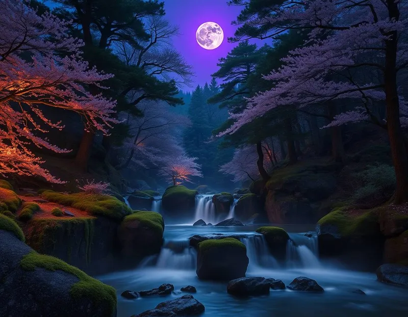 InspirePix | Japanese forest dusk mist waterfalls cherry blossoms moon ...