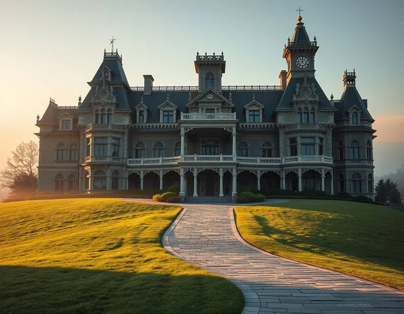 InspirePix | Victorian mansion turrets fog lush landscape