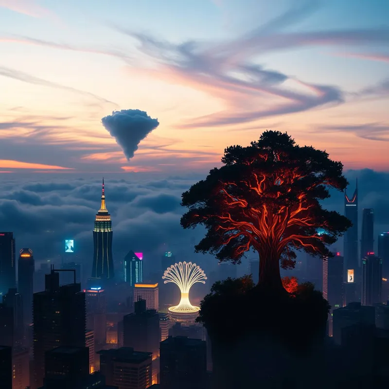 InspirePix | Dusk neon skyline glowing tree mist islands