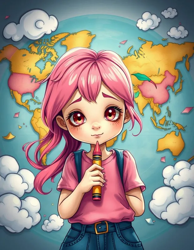 InspirePix | Pink hair girl world map doodle mischief