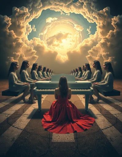 InspirePix | Woman crossroads piano swirling clouds multiple versions ...