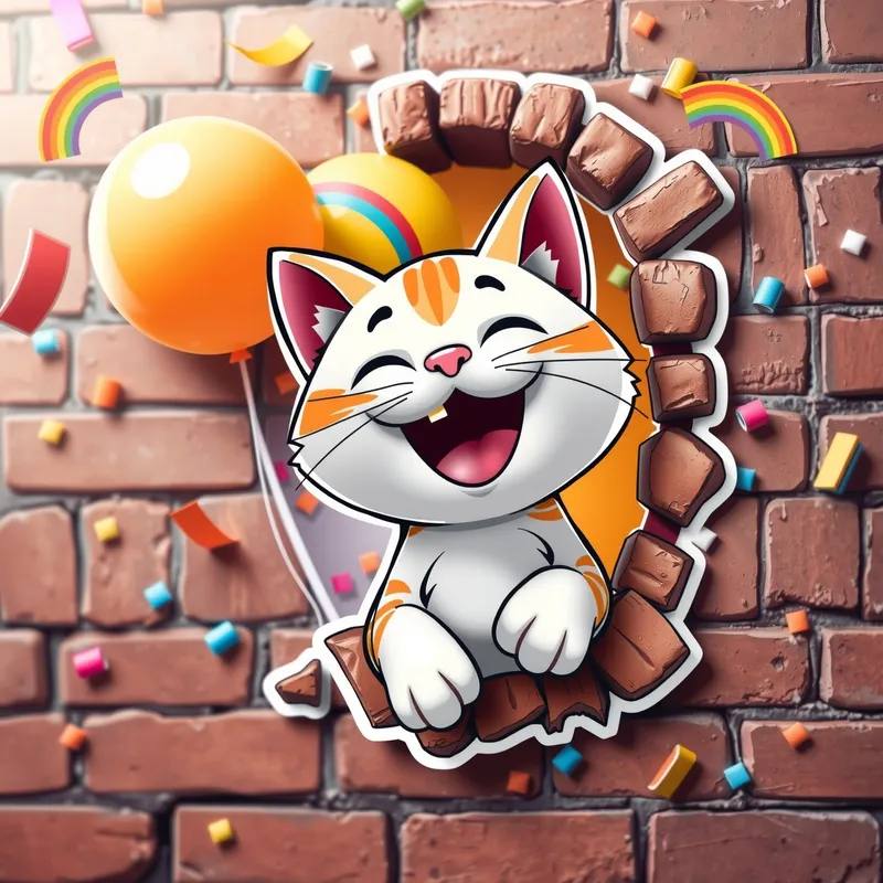 InspirePix | Smiling cat brick wall congrats confetti balloons rainbows ...