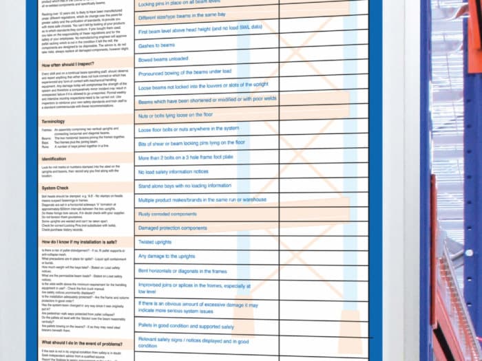 Racking self assessment chart with check list for racking inspections