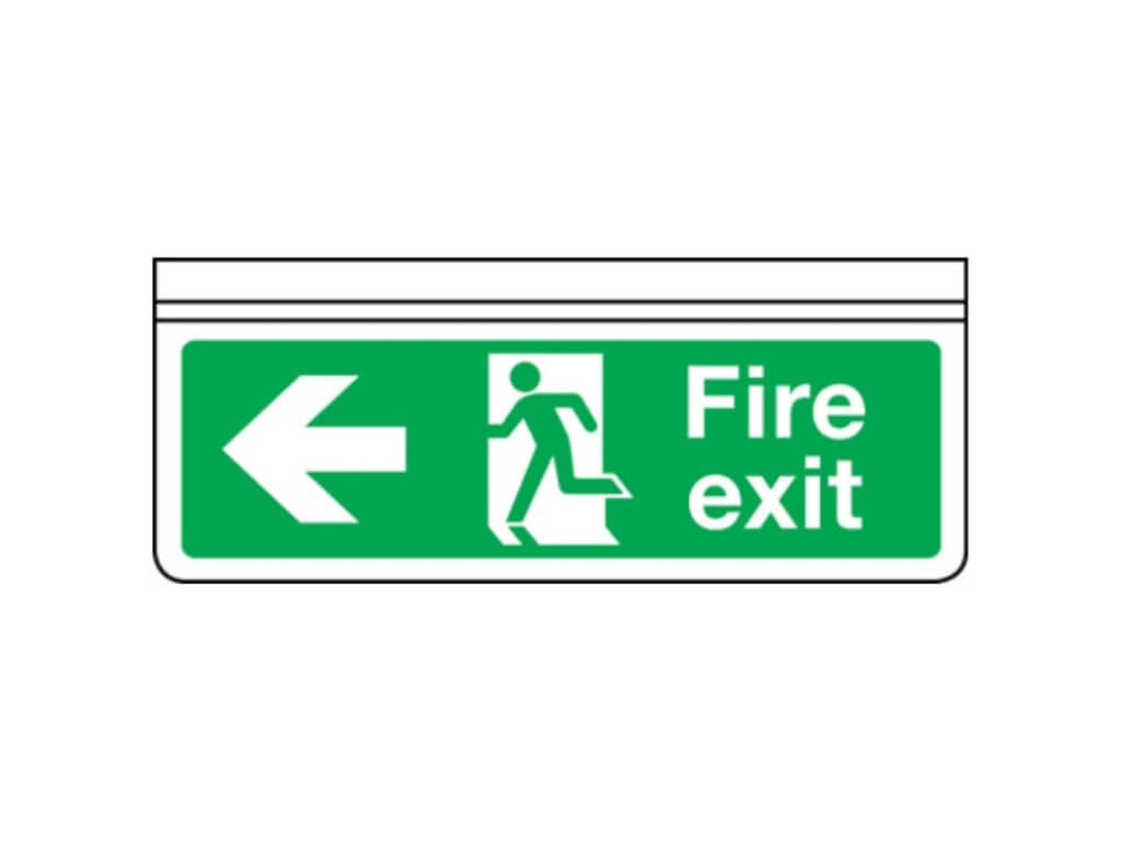 Ceiling mounted double sided fire exit sign. Horizontal arrow, 450mm x ...