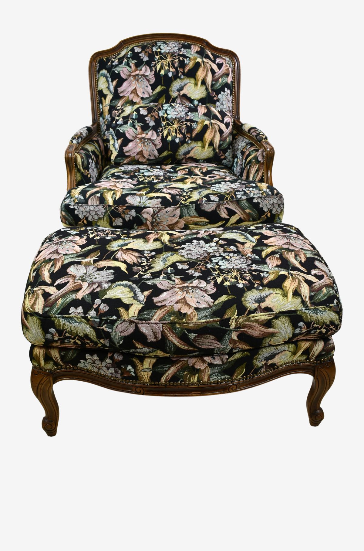 Louis XV Style Bergere Chair & Serpentine Ottoman: Floral Upholstery ...