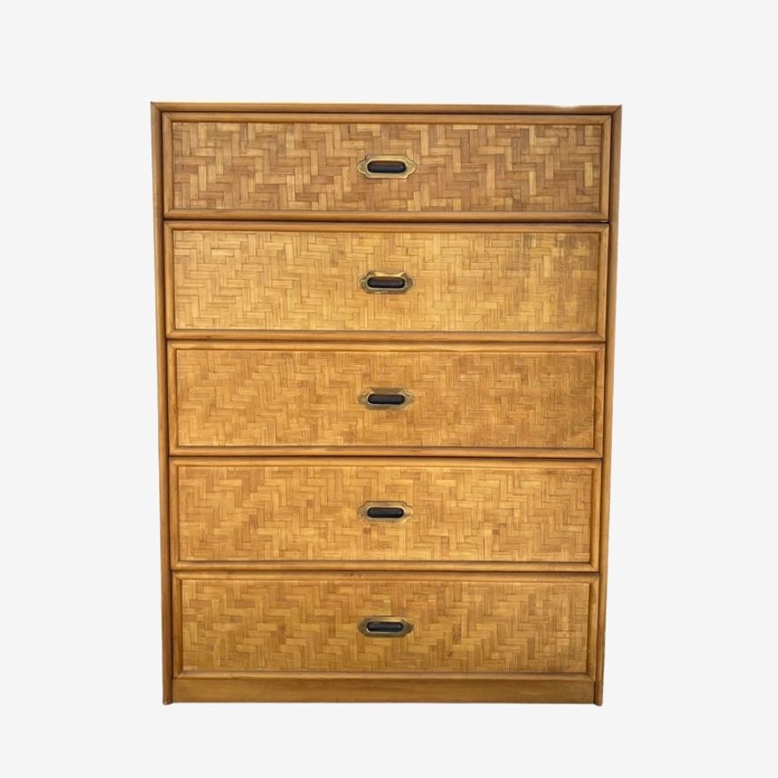 Vintage Rattan Tallboy Dresser by Dixie with Woven Herringbone Wicker ...