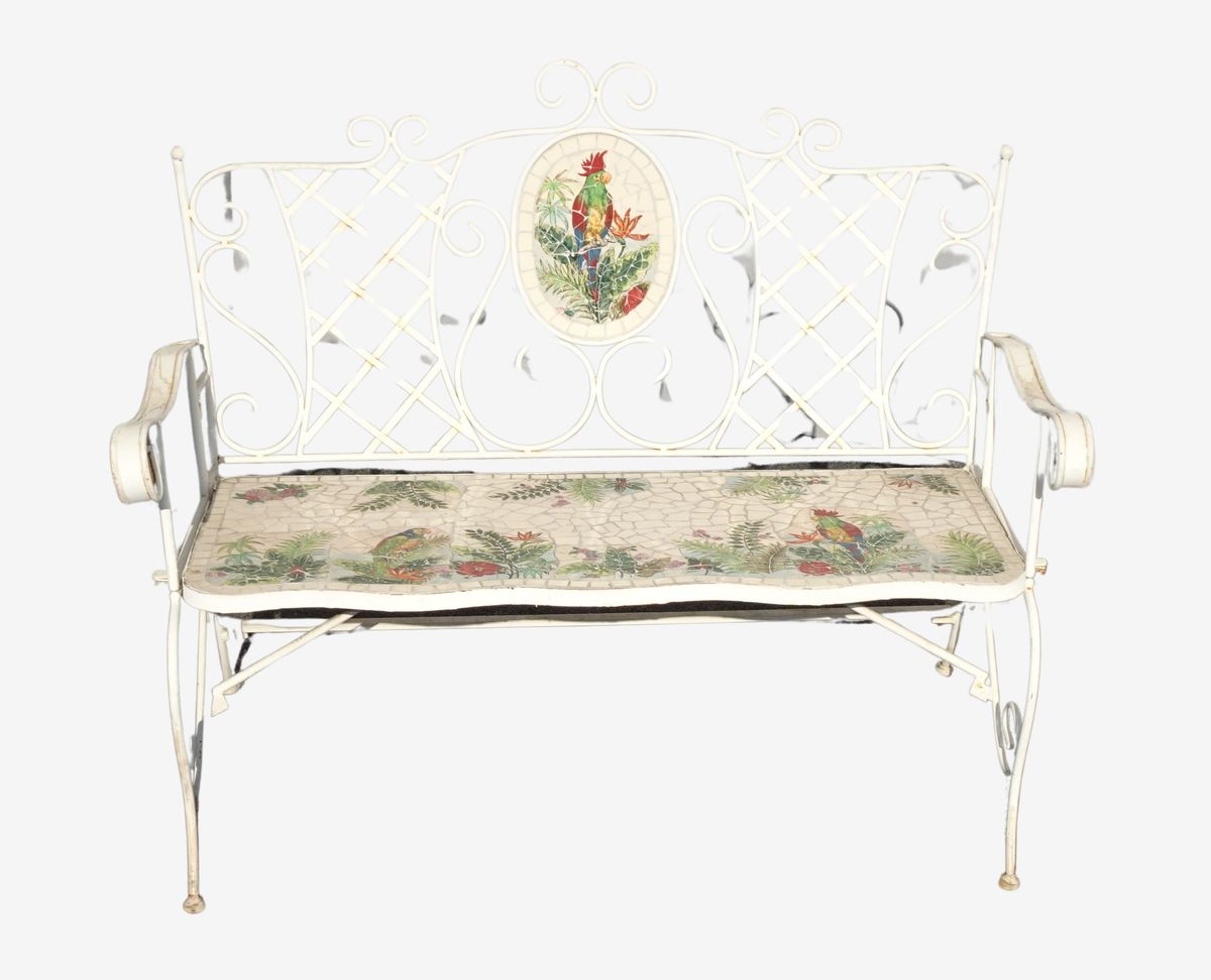 Vintage French Country White Wrought Iron Tiled Bench w Parrots Two ...