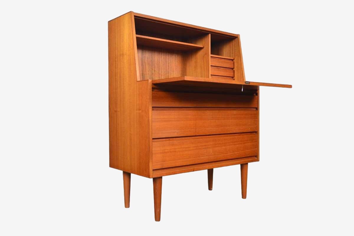 Danish Modern Drop Front Secretary Desk In Teak - $2450 | Kashew | Kashew