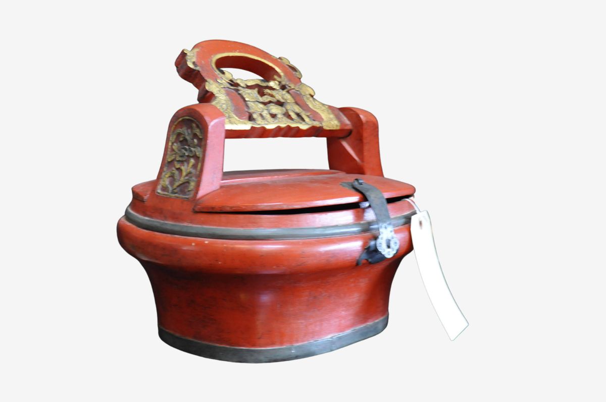 Vintage Asian Rice box hand - carved with gold trim | Kashew