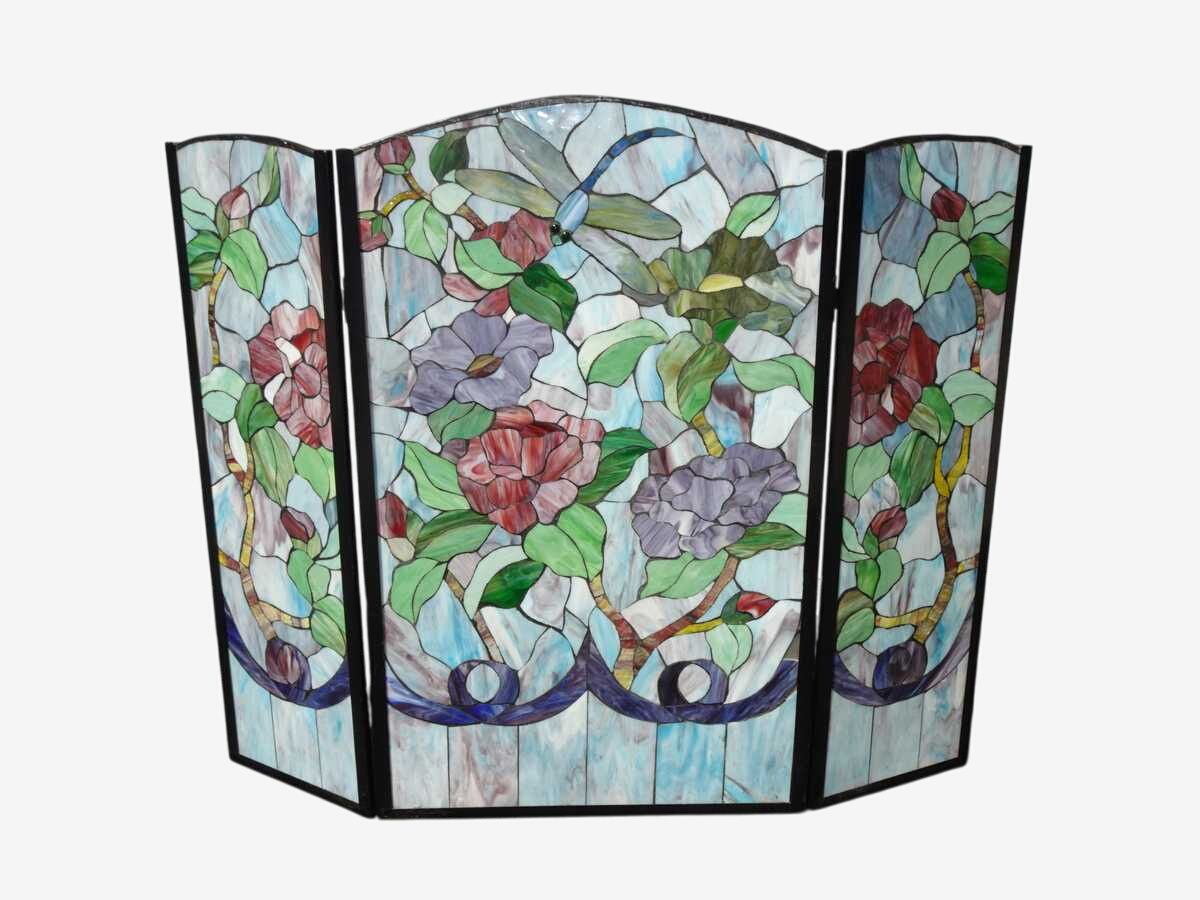 Vintage Tiffany Style Wrought Iron Three Panel Stained Glass Fireplace ...