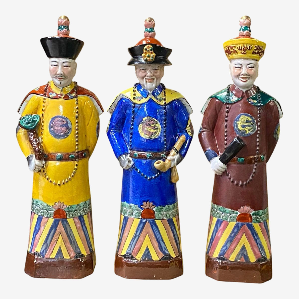 Chinese Color 3 Standing Ching Qing Emperor Kings Figure Set | Kashew