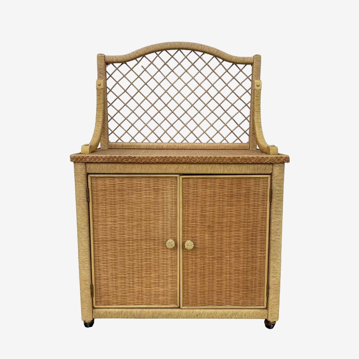 Vintage Henry Link Wicker Server Cabinet with Woven Rattan & Casters ...