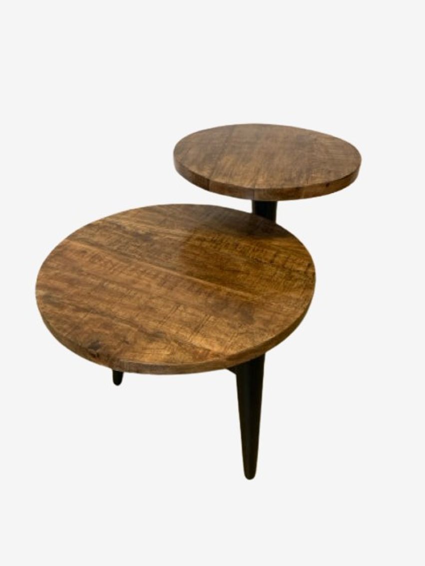 Two Tier Multi Level Round Wood And Metal Accent Table - Kashew
