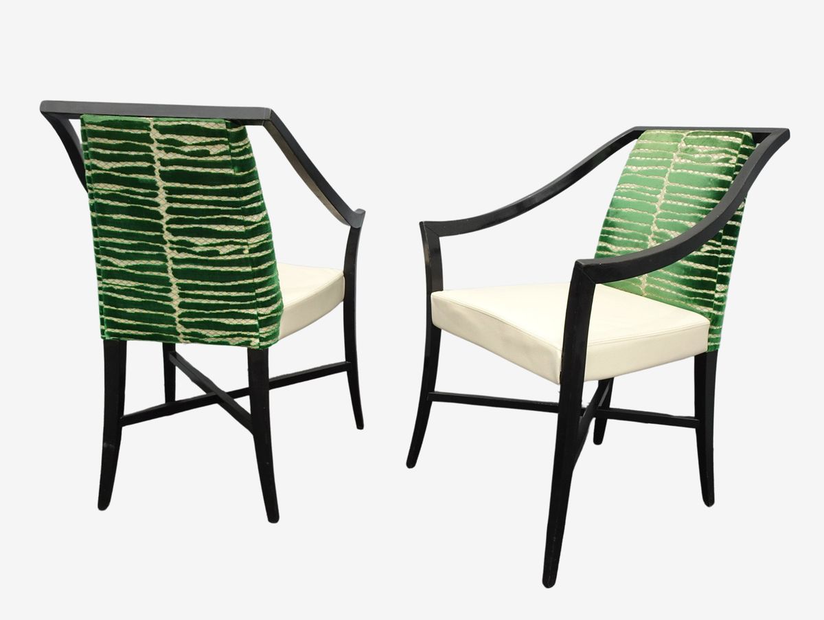 Pair of Italian Rubelli Casa Leather Green & White Side Chairs Made in ...