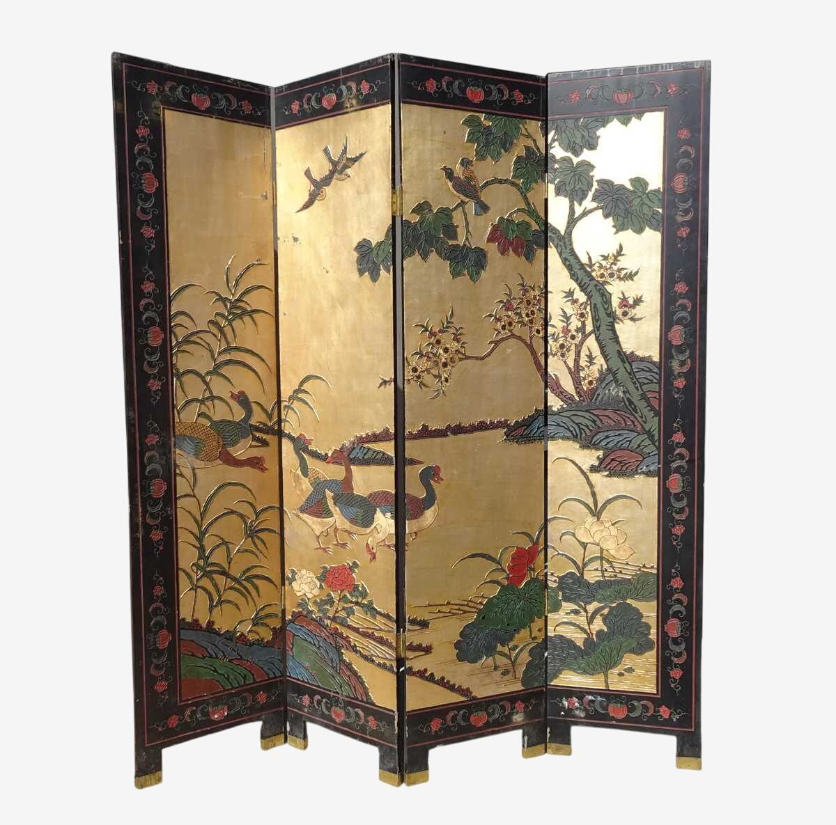 Oriental Asian Four Panel Screen Gold Chinoiserie Coromandel Room ...
