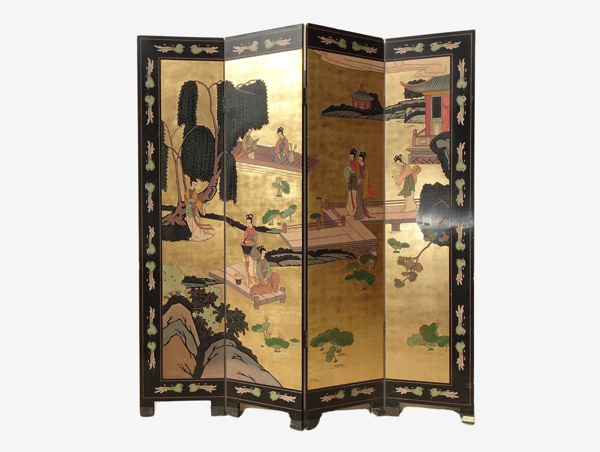 Vintage Asian Coromandel Gold Four Panel Screen Room Divider Unique ...