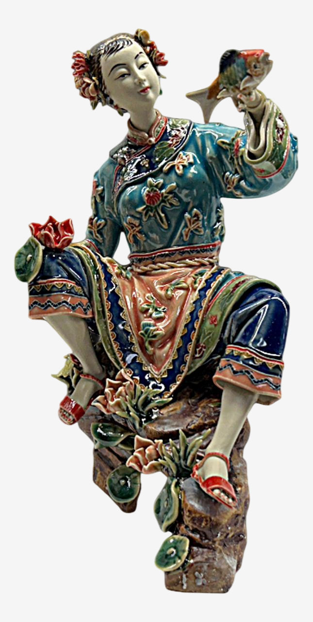 Chinese Porcelain Qing Style Dressing Catching Fish Lady Figure - $475 ...
