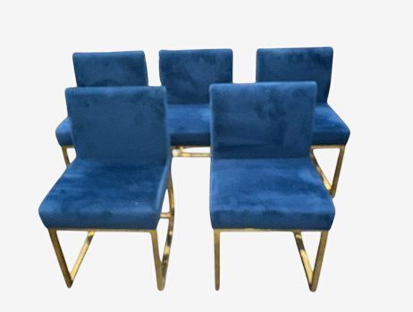 Set of 5 blue velvet dining side chairs w/ sled base gold legs, 32" h x ...
