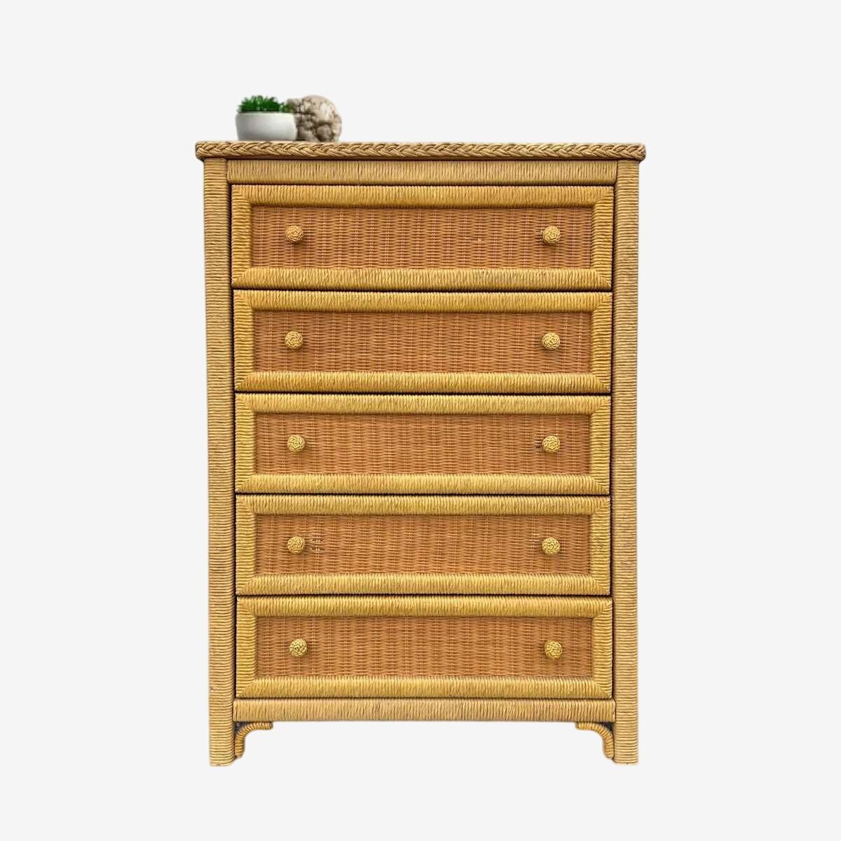 Wicker Dresser Chest by Henry Link - Vintage Natural Wrapped Rattan 5 ...