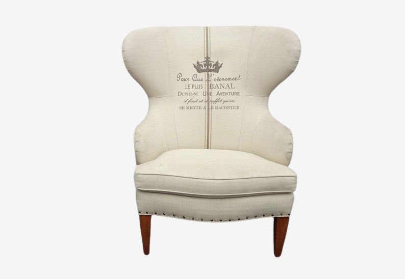 Vintage, Ethan Allen, French, Script ,Off ,White, Wingback, Chair ...