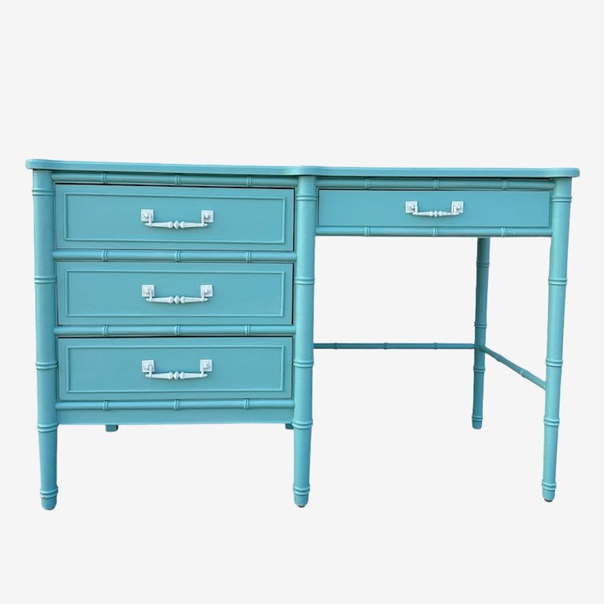 Faux Bamboo Desk by Henry Link Bali Hai - 1970s Vintage Teal Turquoise ...