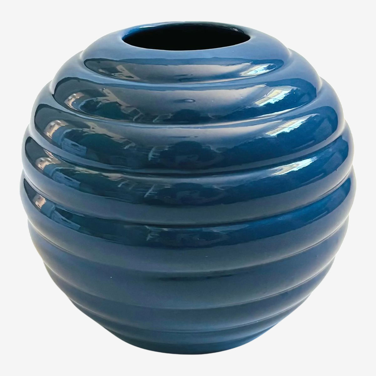 Ribbed Blue Sphere Vase by Pottery Craft | Kashew