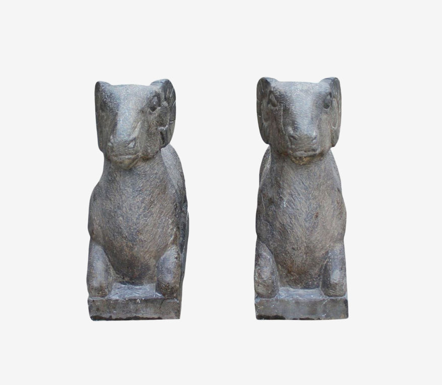 Chinese Look Gray Color Crouching Ram Stone Statues - a Pair | Kashew