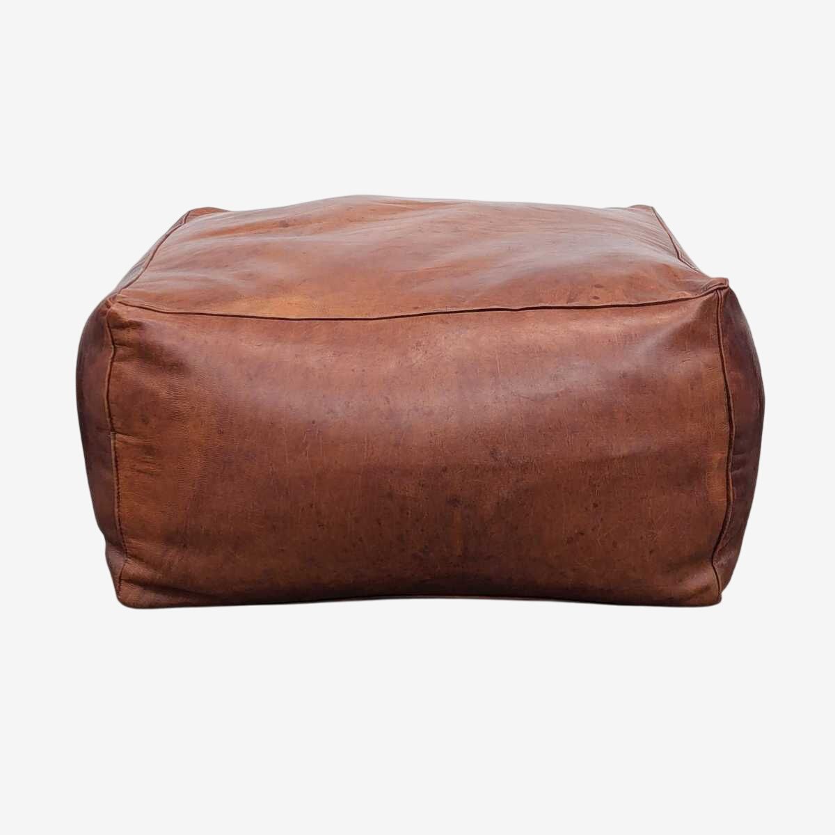 Rustic Brown Leather Pouf Ottoman | Kashew